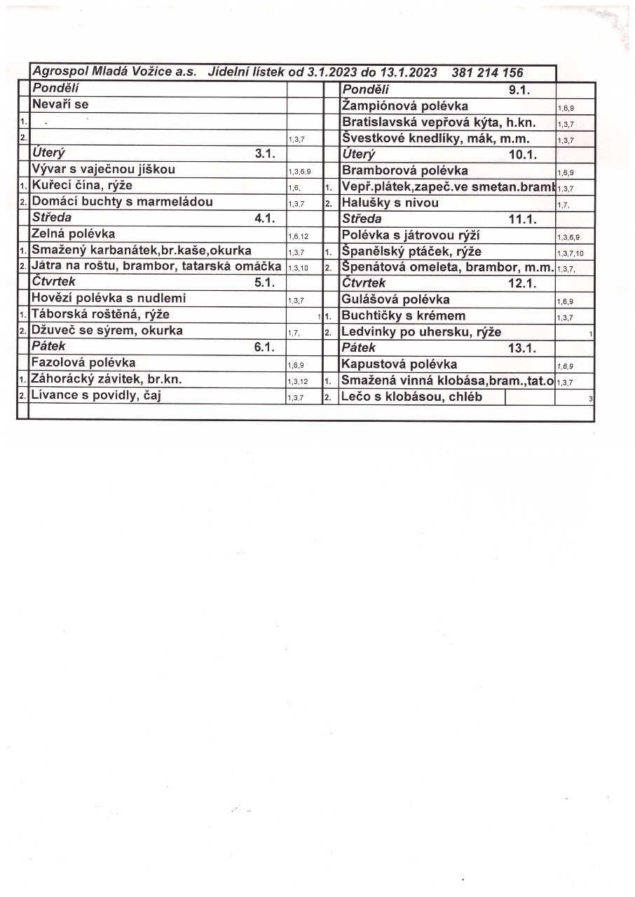Jídelní lístek od 3.1. do 13.1. 2023 :: Agrospol Mladá Vožice a. s.