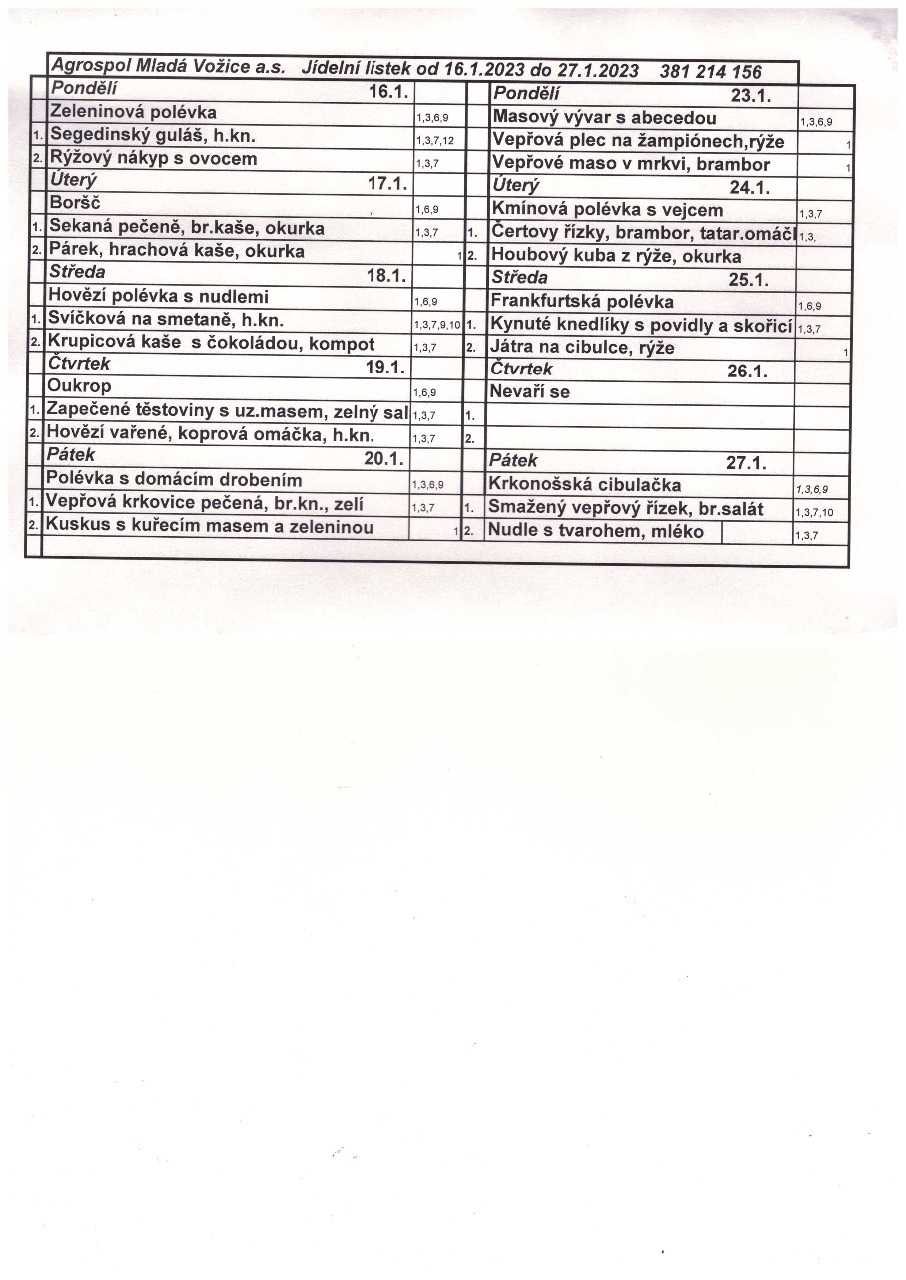 Jídelní lístek od 16.1. do 27.1.2023 :: Agrospol Mladá Vožice a. s.